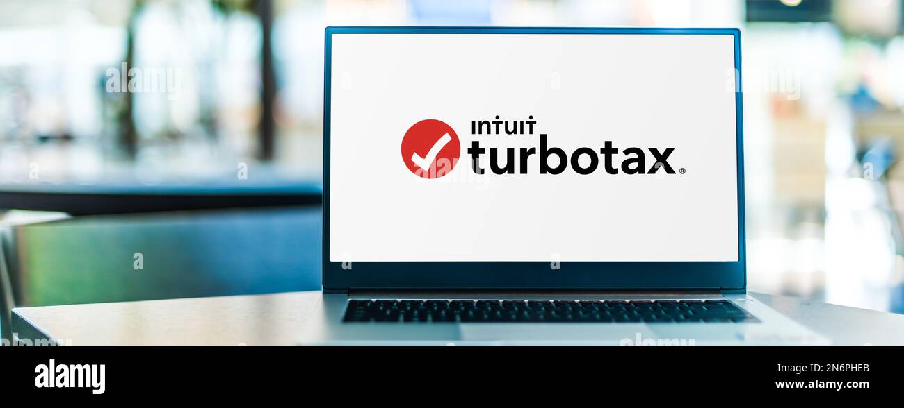 POZNAN, POL - SEP 13, 2022: Laptop computer displaying logo of TurboTax ...