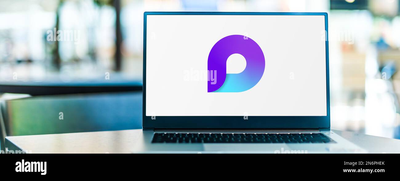 POZNAN, POL - SEP 8, 2022: Laptop computer displaying logo of Microsoft ...