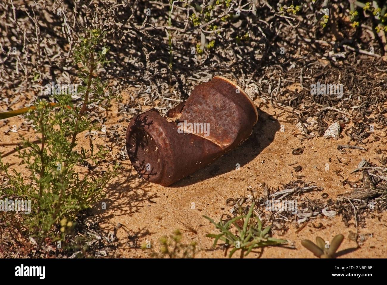 A rusty old tin can littering the Namaqua National Park. South Africa ...