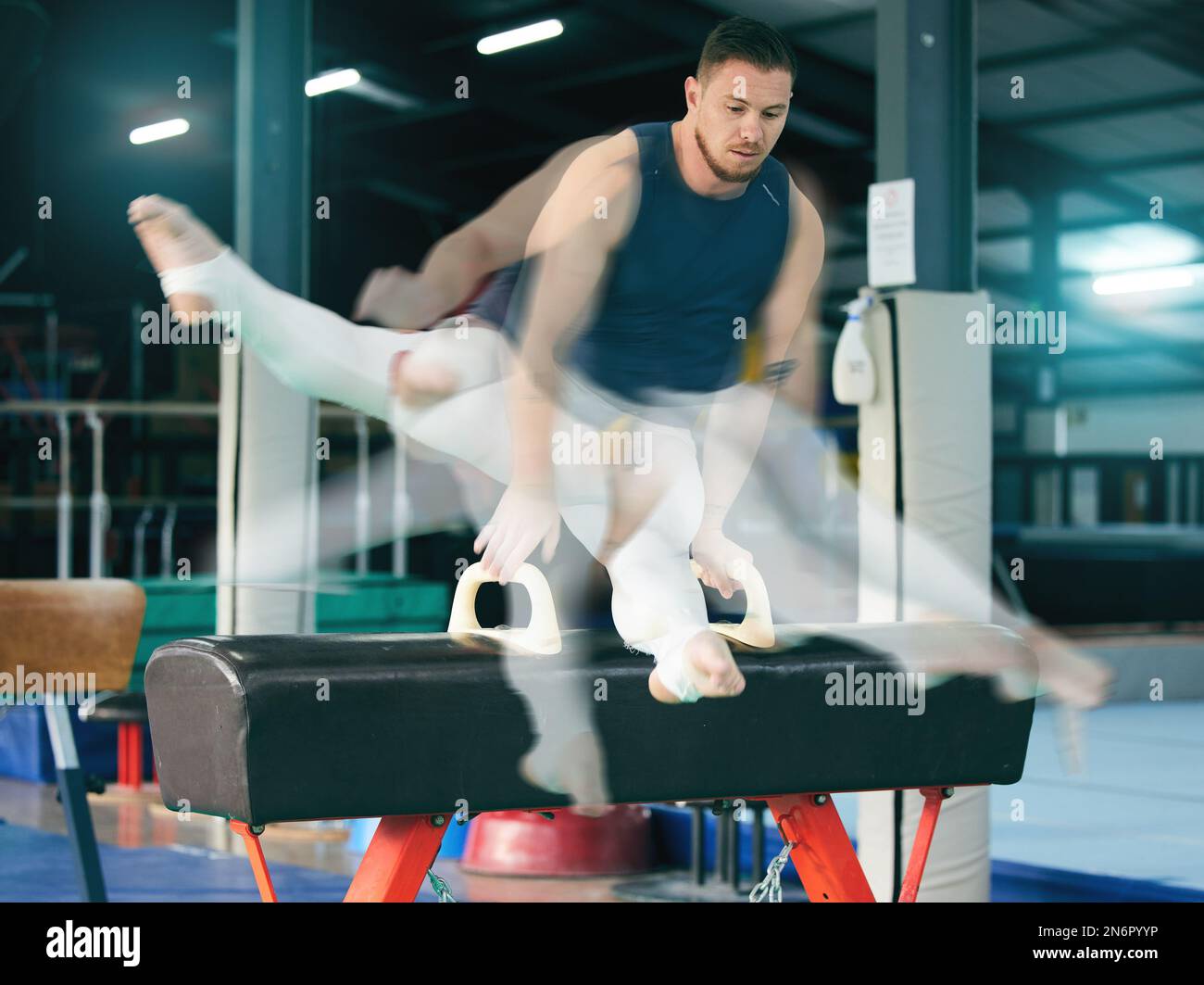 Gymnastics, fitness and man on balance beam for training, cardio and ...