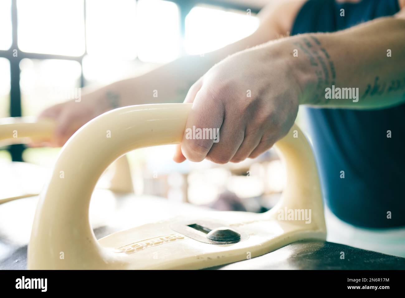 Balance beam, gymnast hands and zoom of gymnastics athlete ready for a ...