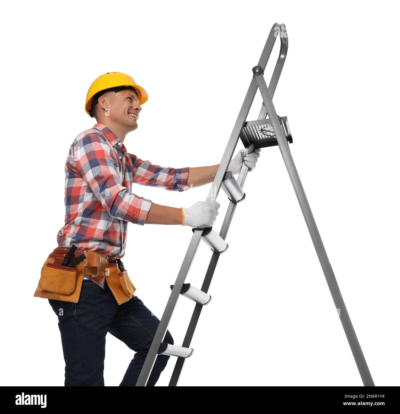Professional constructor climbing ladder on white background Stock ...