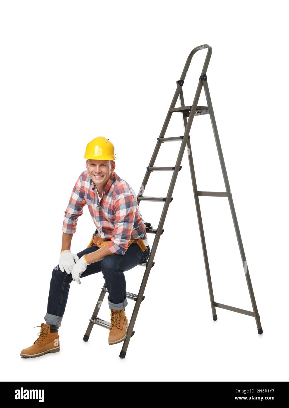 Professional constructor sitting on ladder on white background Stock ...