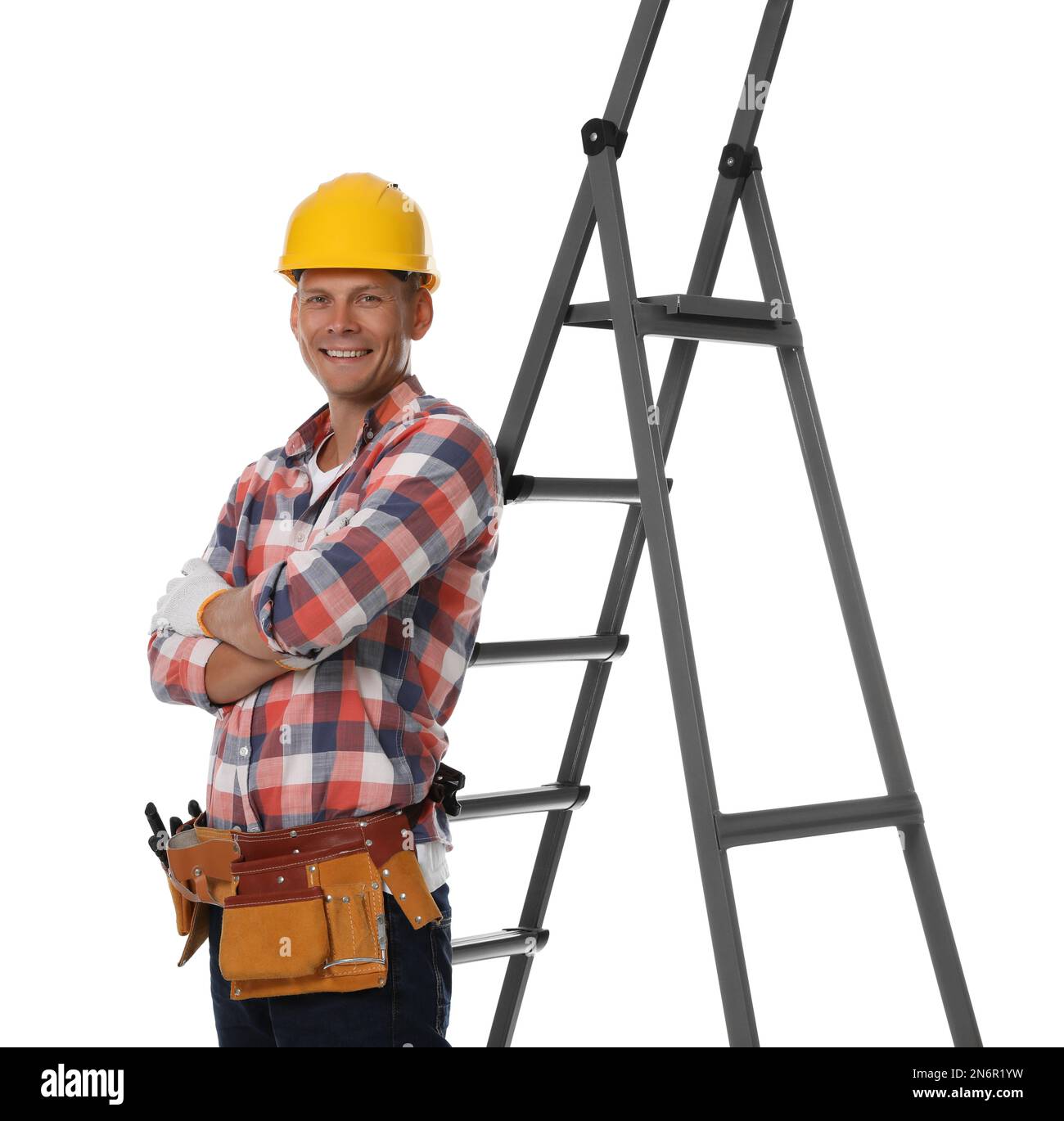 Professional constructor near ladder on white background Stock Photo ...
