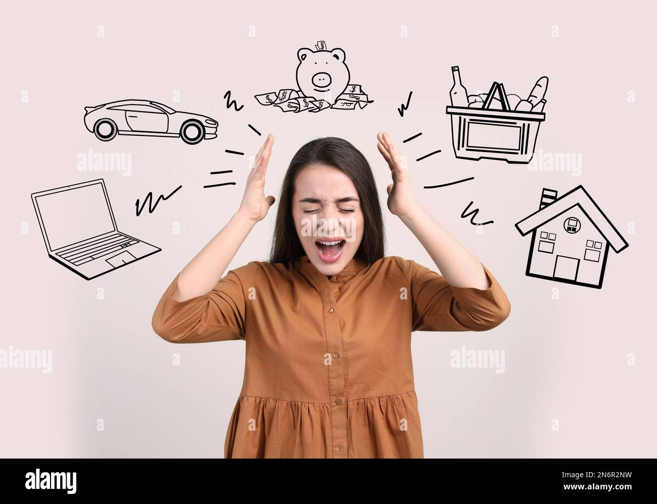 Overwhelmed woman and illustration of different tasks around her on ...