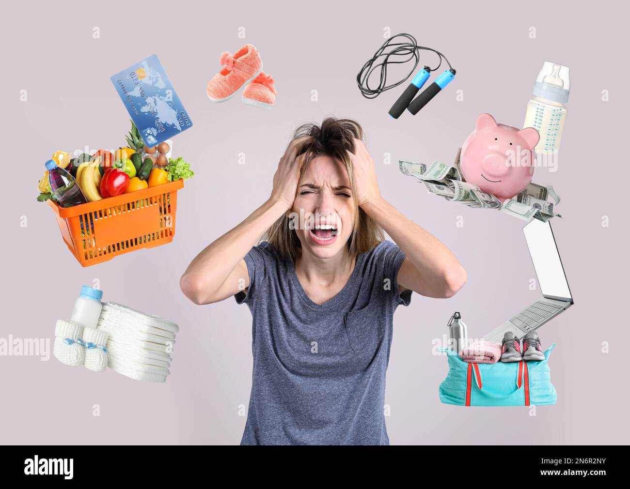 Overwhelmed woman and different objects around her on light grey ...