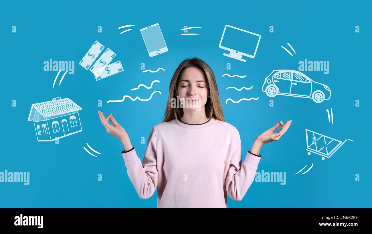 Calm happy woman and illustration of different tasks around her on blue ...