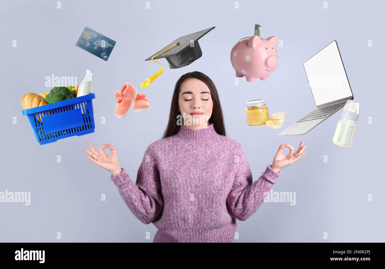 Calm happy woman and different objects around her on light grey ...