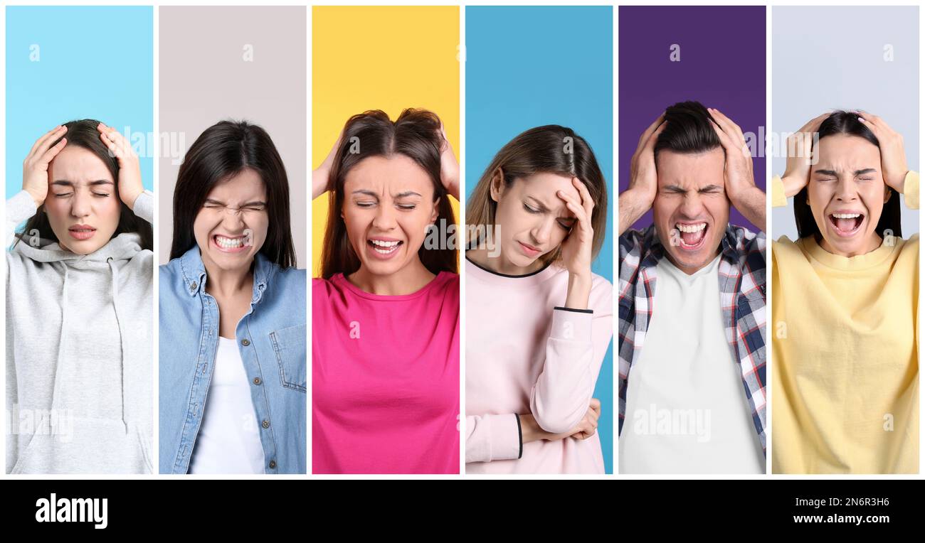 Collage with photos of stressed people on color backgrounds Stock Photo ...