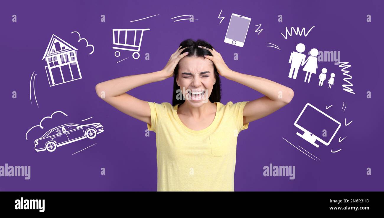 Overwhelmed woman and illustration of different tasks around her on ...