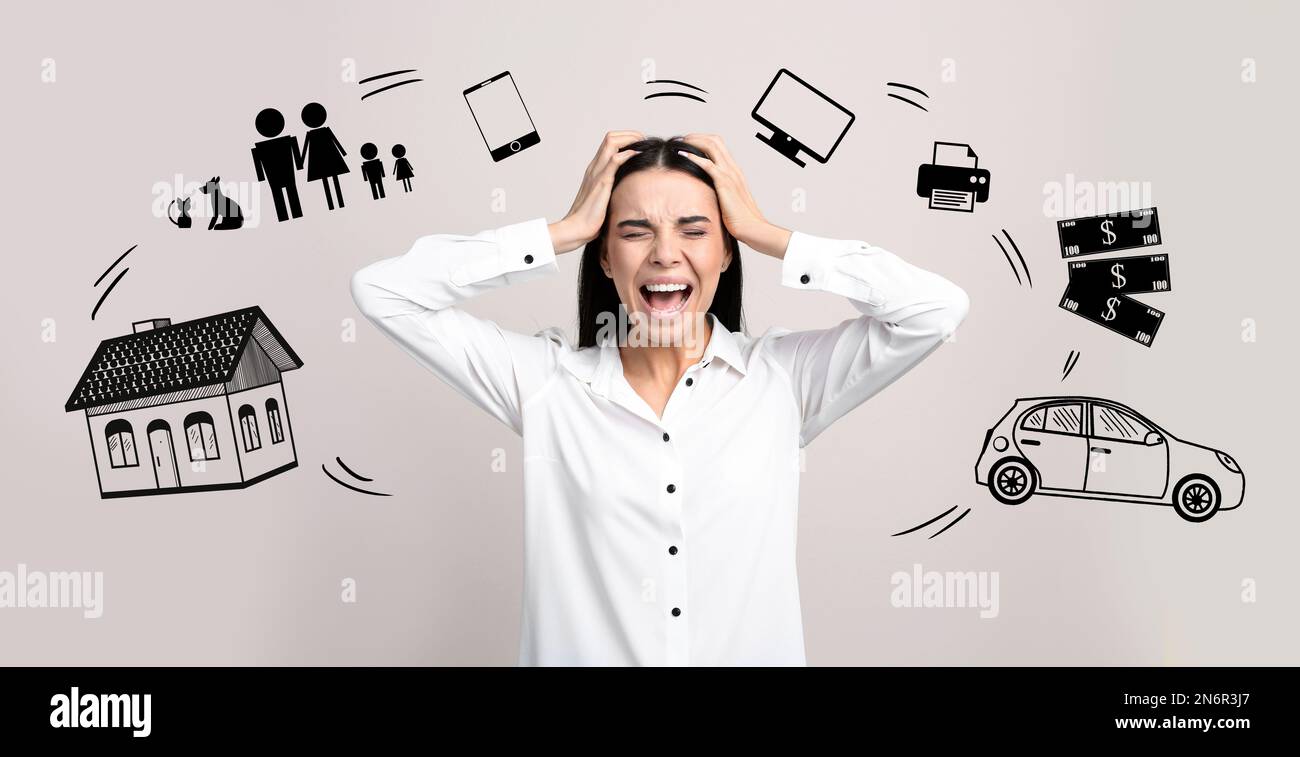 Overwhelmed woman and illustration of different tasks around her on ...