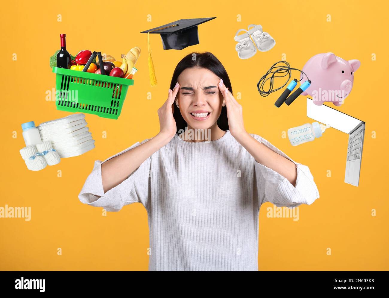Overwhelmed woman and different objects around her on yellow background ...