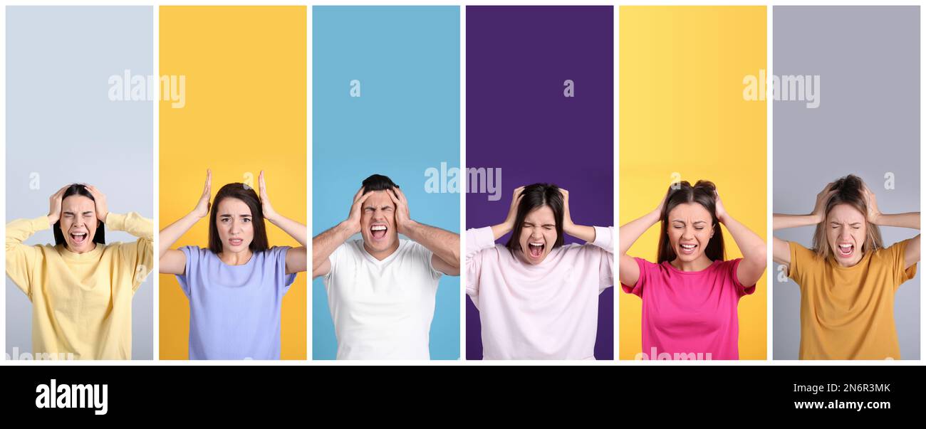 Collage with photos of stressed people on color backgrounds Stock Photo ...