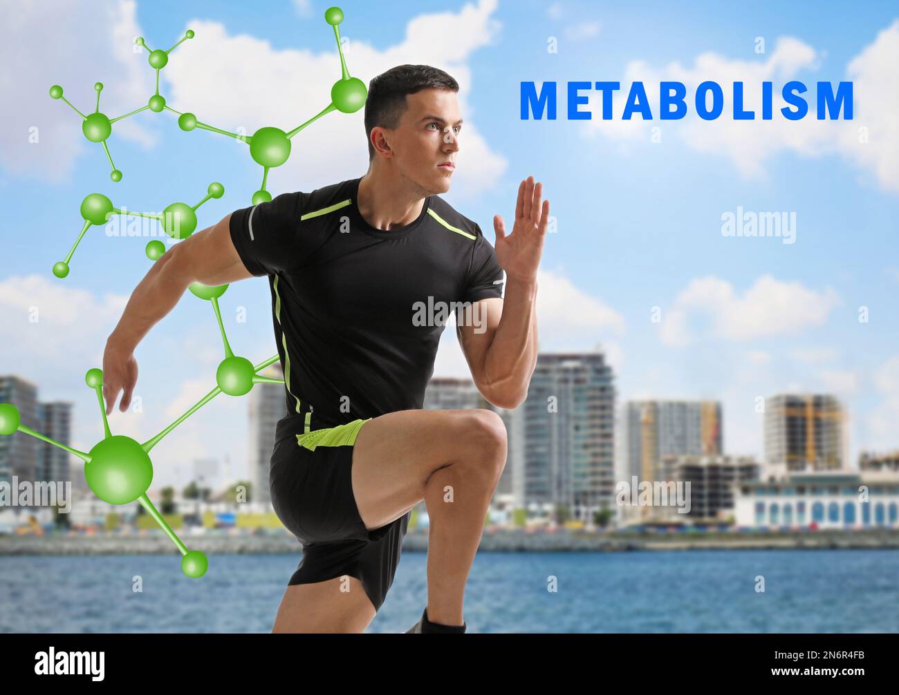 Metabolism concept. Molecular chain illustration and athletic young man ...