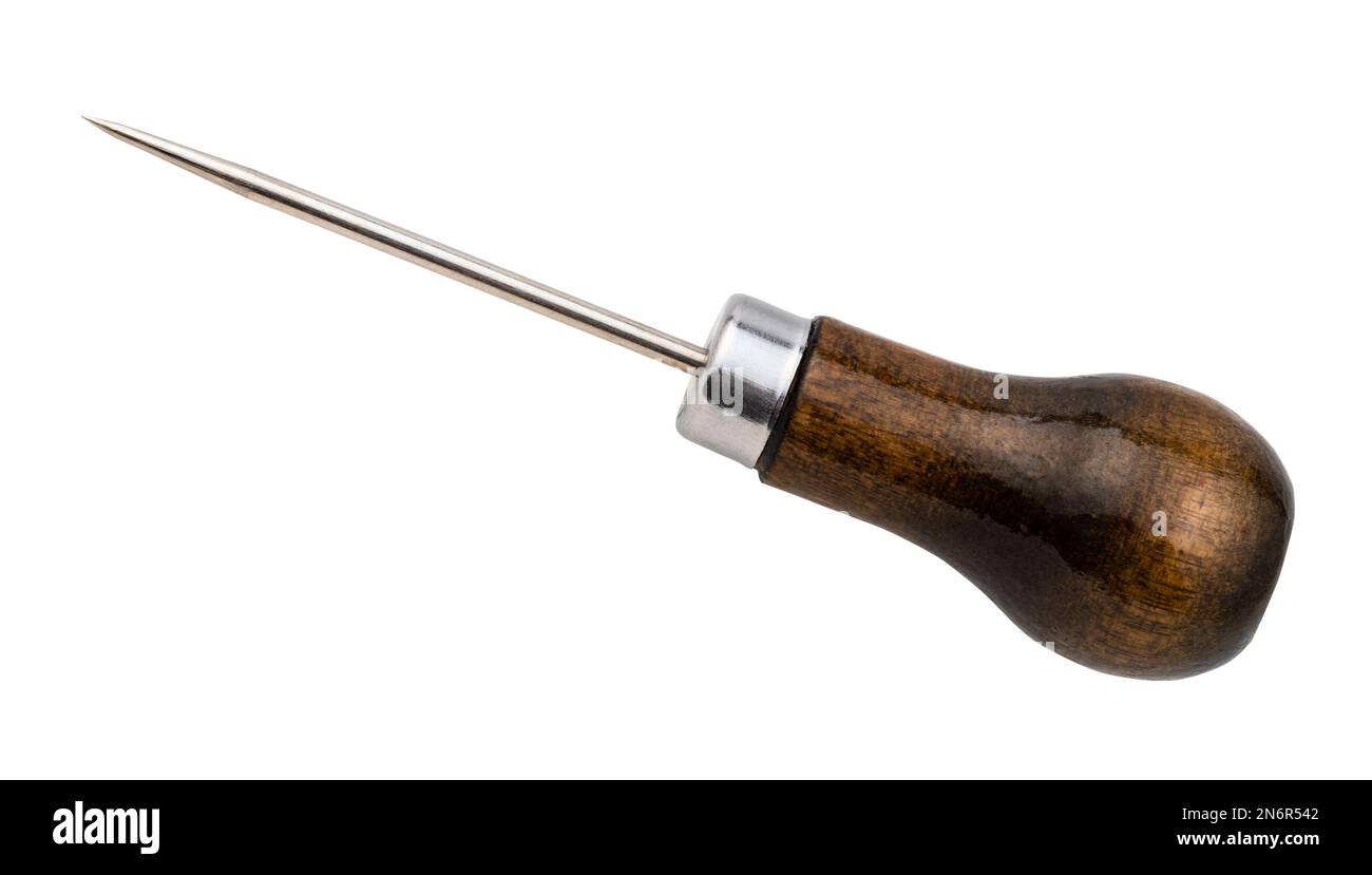 traditional awl with polished wooden handle cutout on white background ...