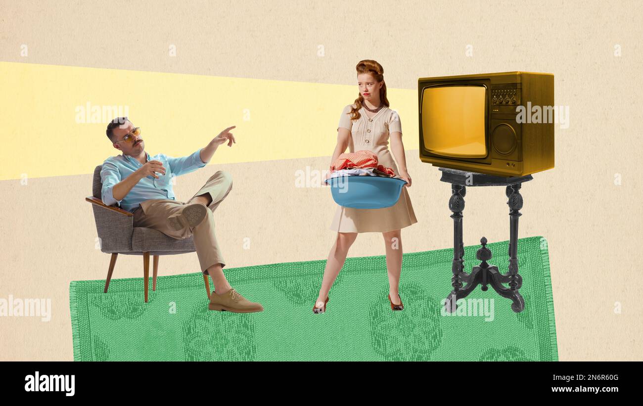 Contemporary art collage. Creative design. Young woman interrupting man ...