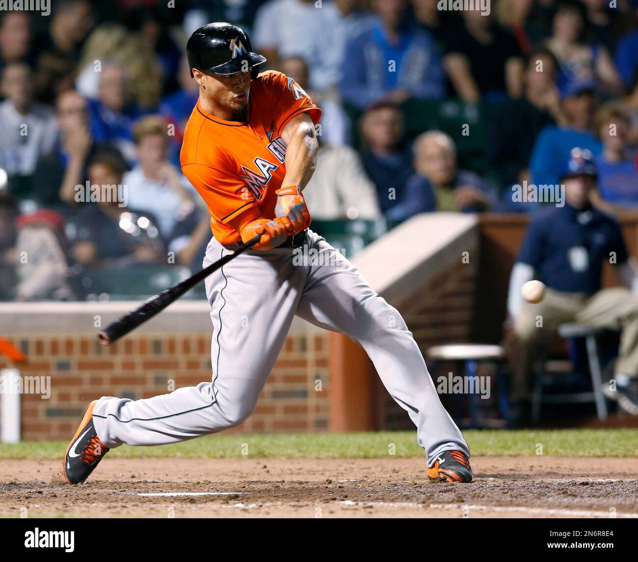 Miami Marlins' Giancarlo Stanton hits an RBI single off Chicago Cubs ...