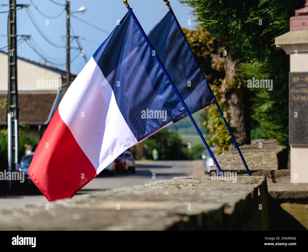 French flag floating with the wind, national symbol, blue, white, red ...