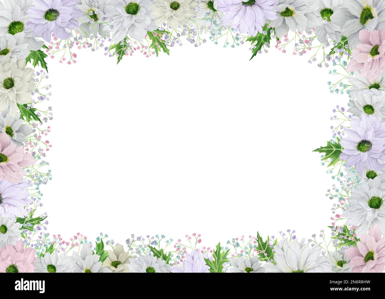 Hand-drawn watercolor rectangular frame with pale pink and lilac ...