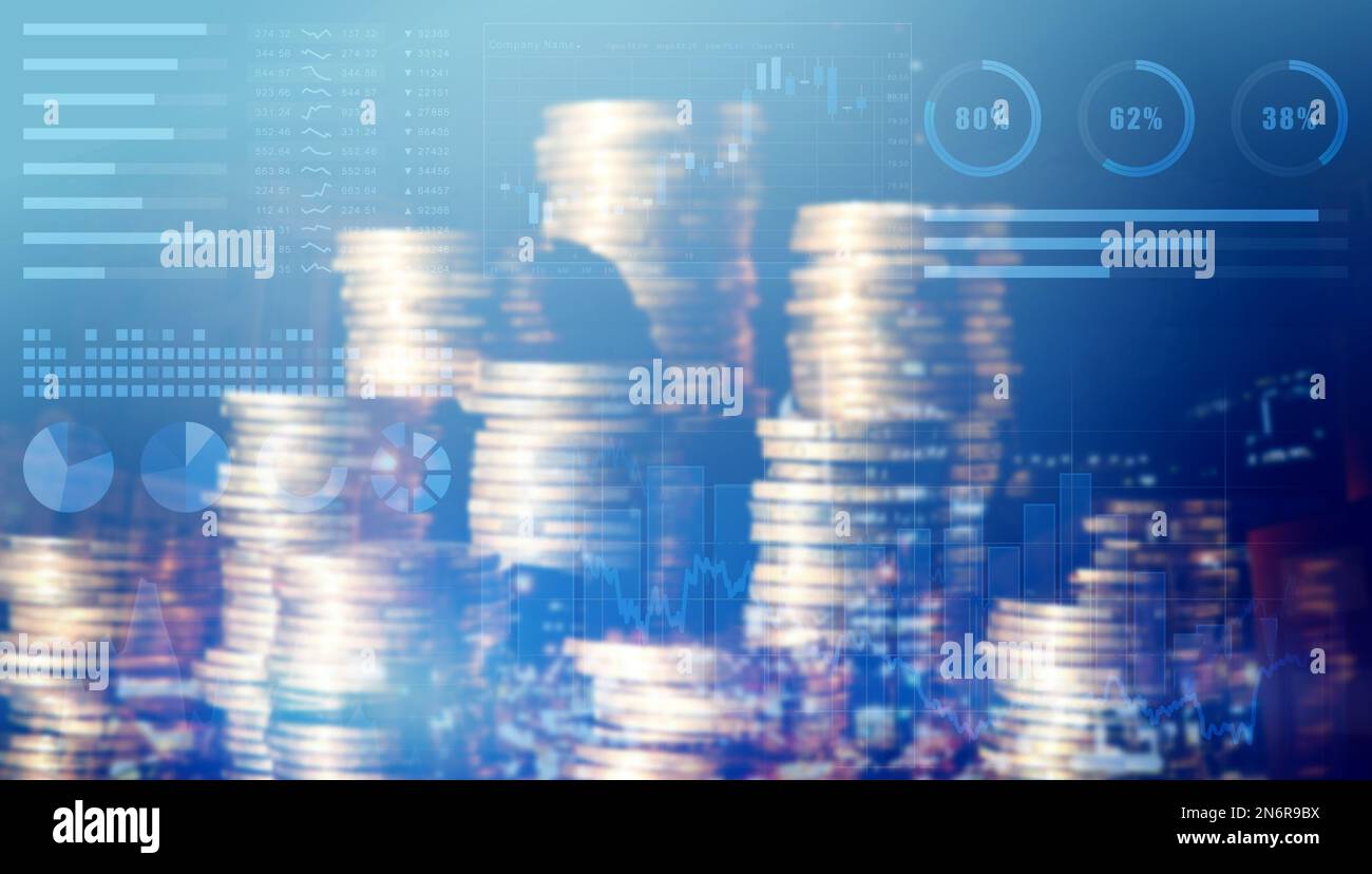 Money exchange. Double exposure with coins and different graphs Stock ...