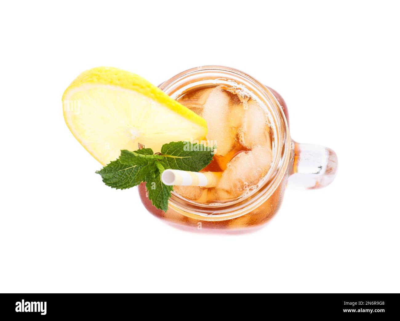 Delicious iced tea in mason jar on white background, top view Stock ...