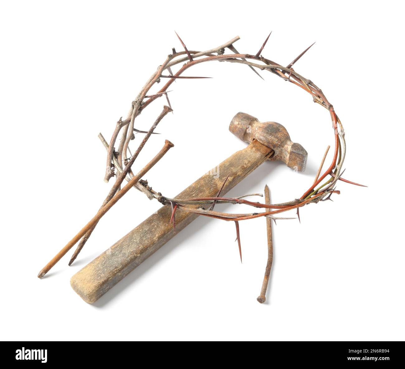 Crown of thorns, nails and hammer on white background. Easter ...
