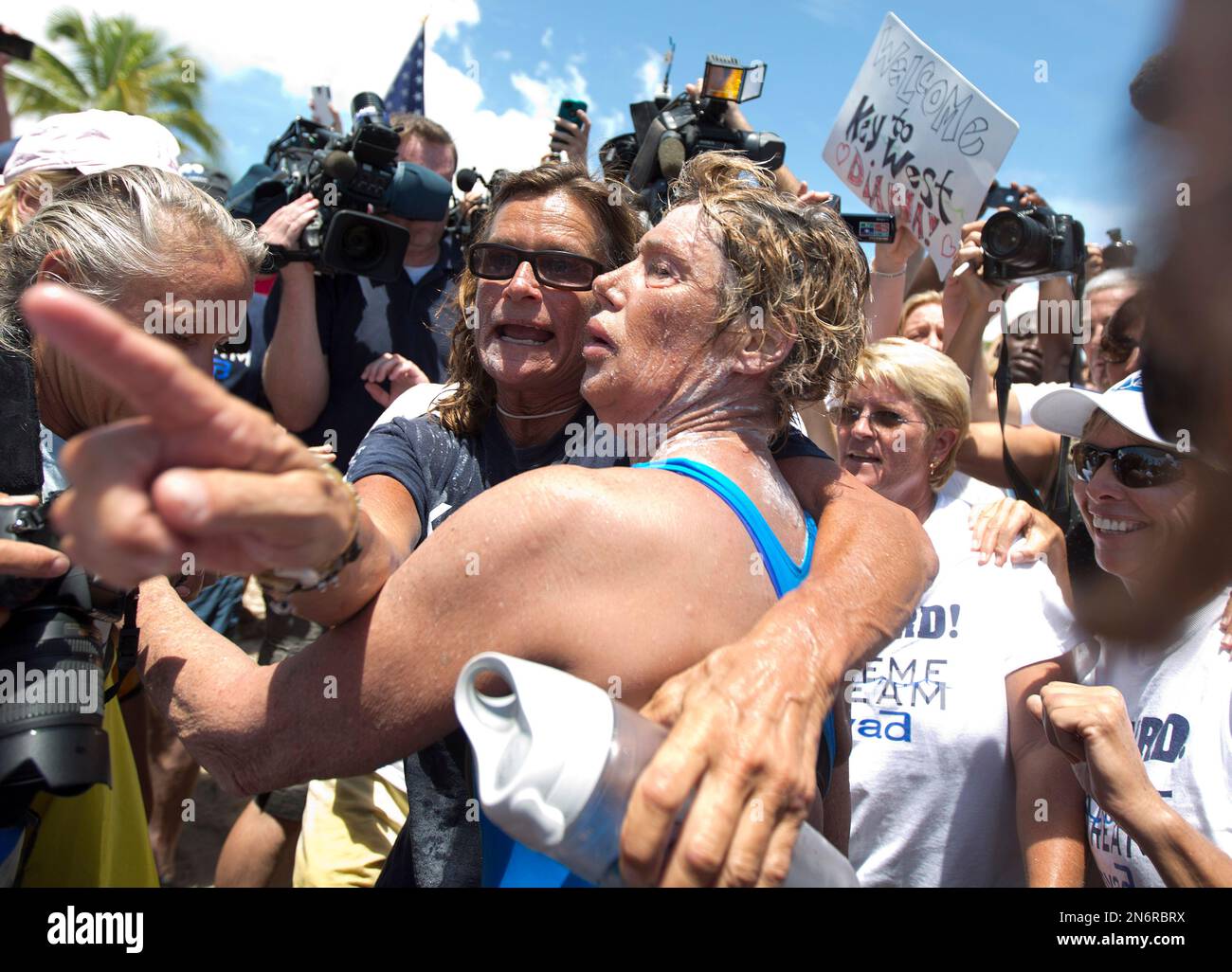 Endurance swimmer Diana Nyad, right, and her trainer, Bonnie Stoll hug ...