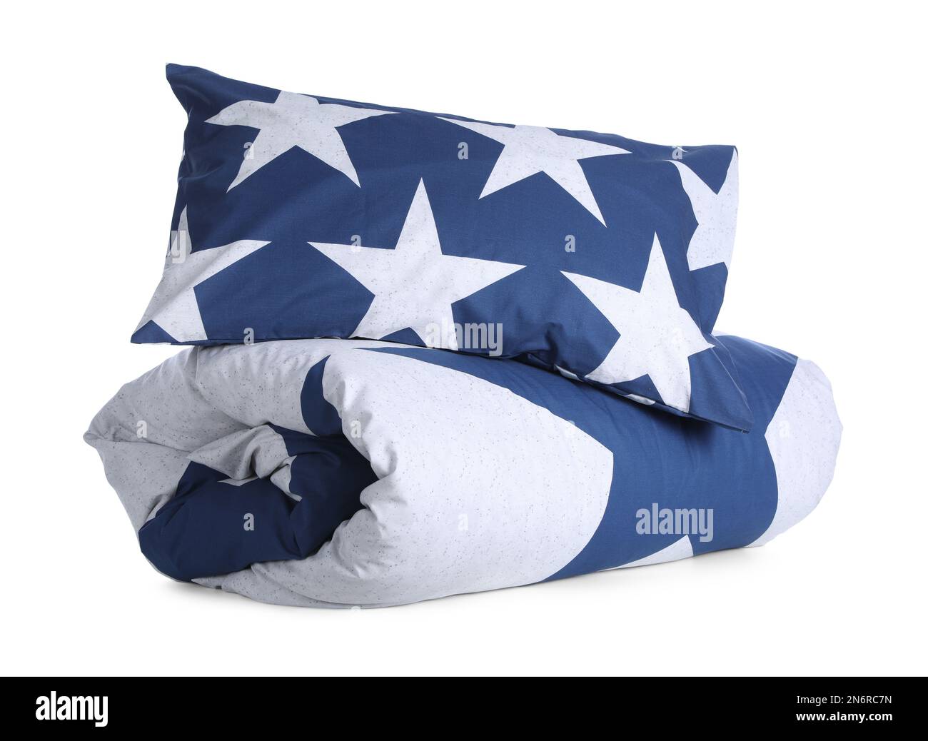 Clean bed linens and pillow on white background. Child's room interior ...