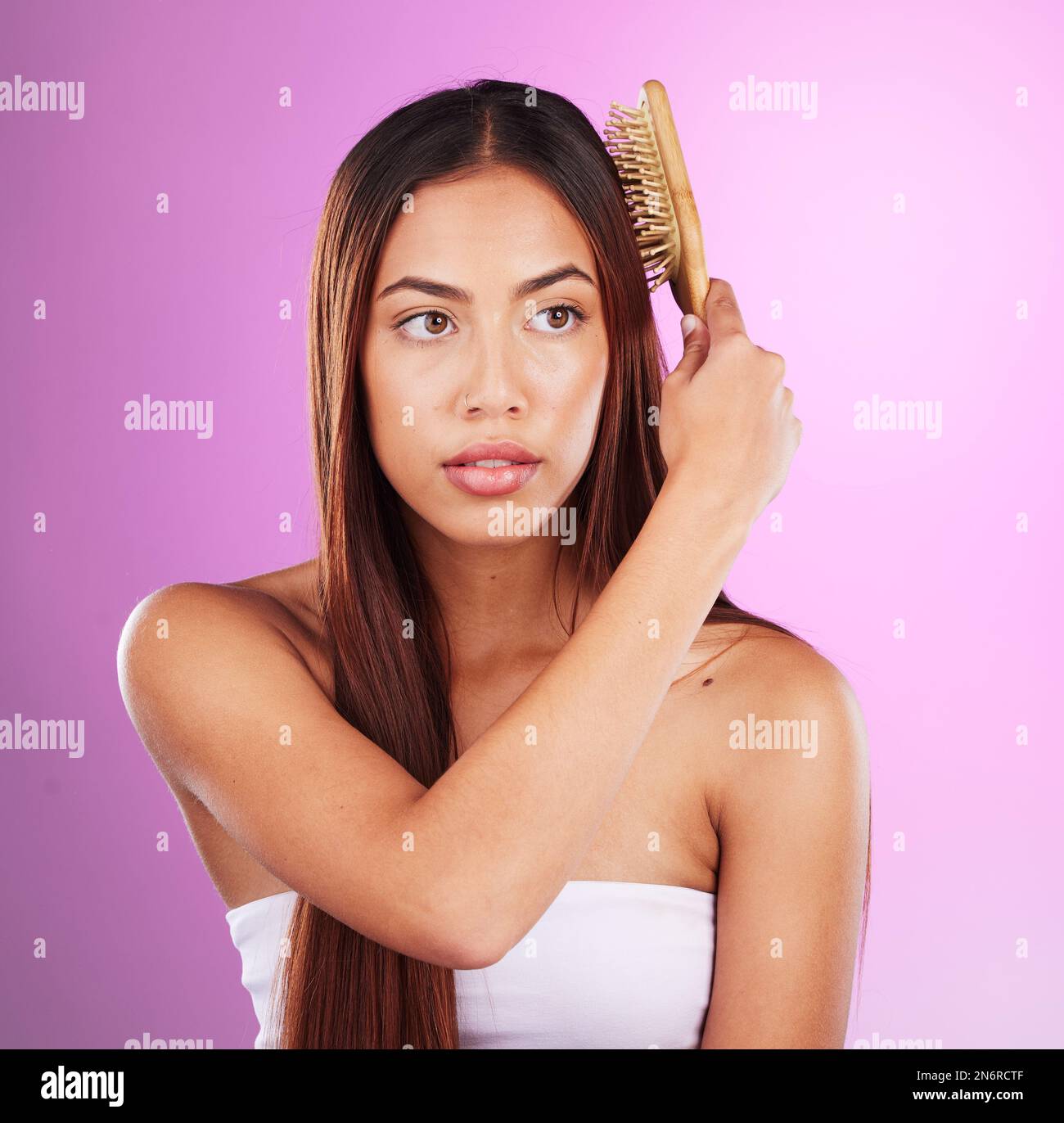 Hair care, brush and woman on studio background for beauty cosmetics ...