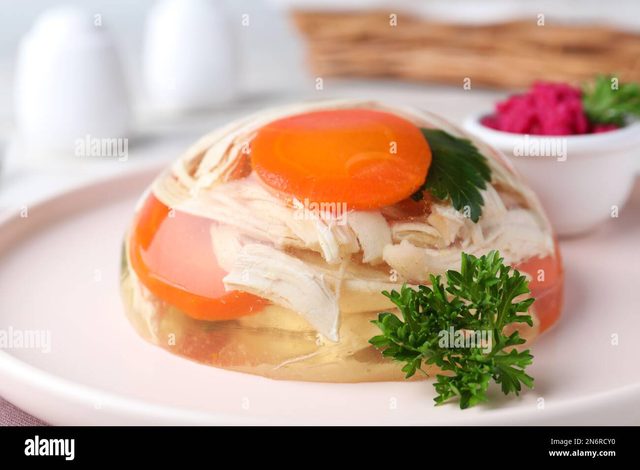 Delicious chicken aspic with vegetables on plate, closeup Stock Photo ...