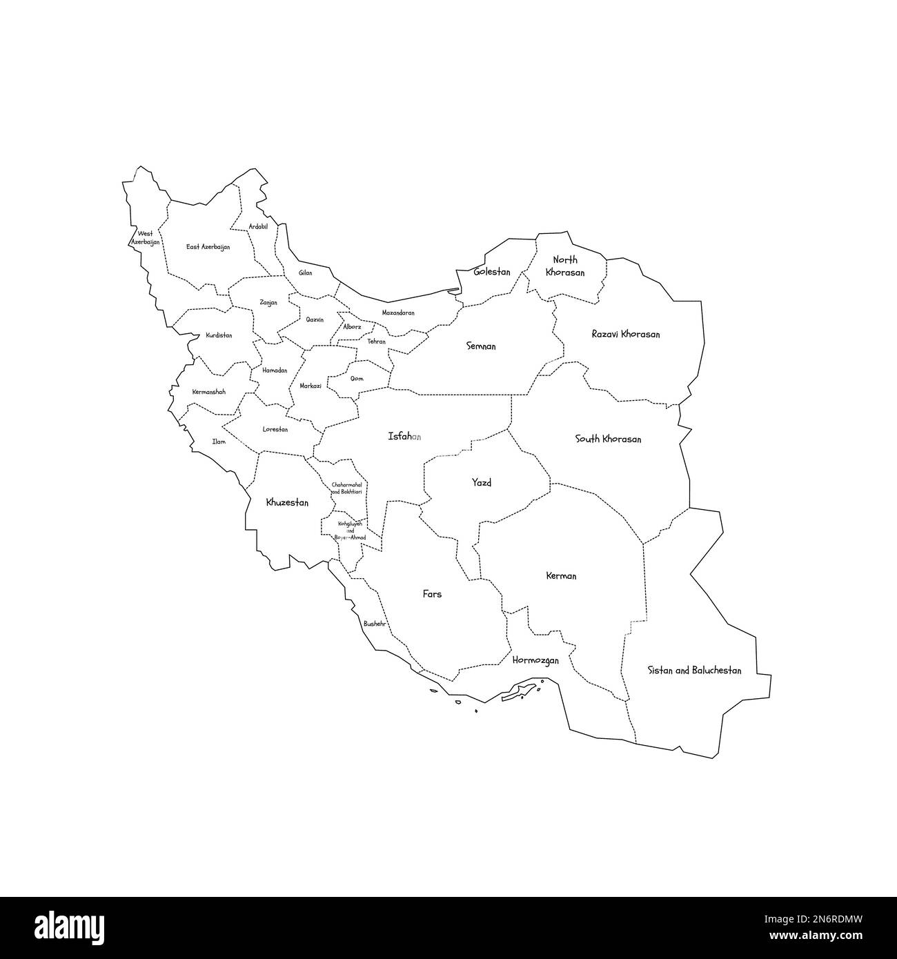 Iran political map of administrative divisions - provinces. Handdrawn doodle style map with ...