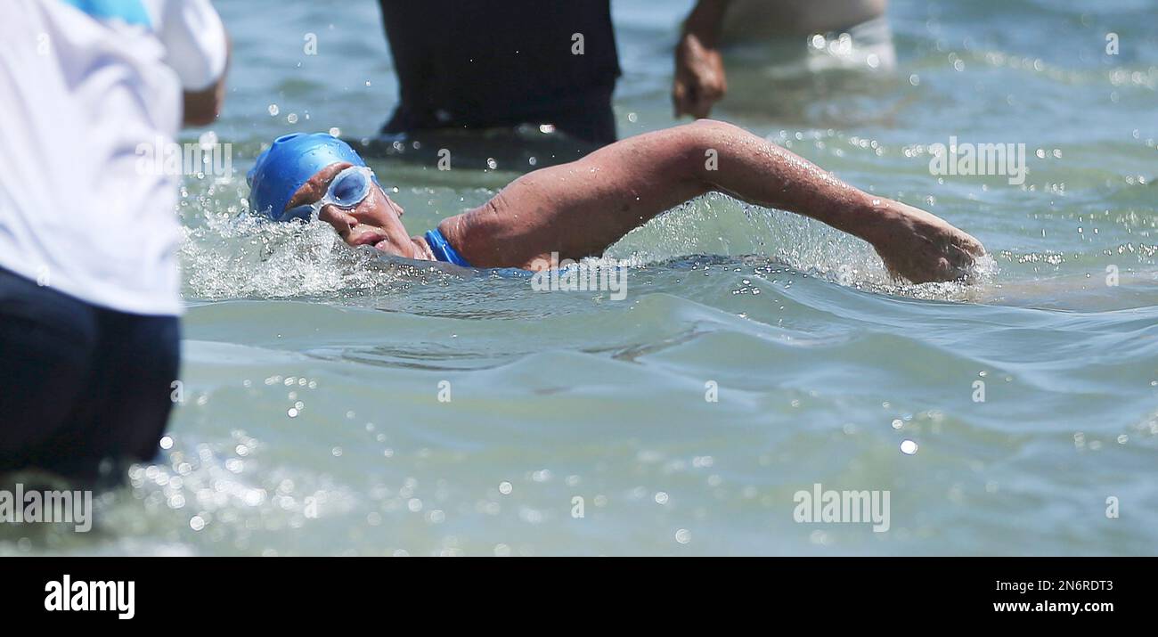 Long distance swimmer Diana Nyad swims towards shore in Key West, Fla ...