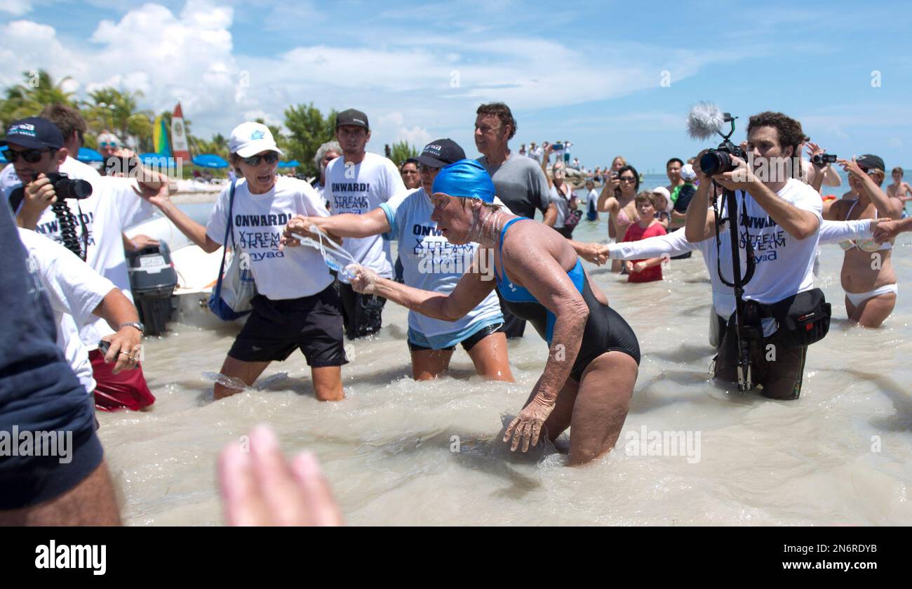 Diana Nyad struggles to come ashore in Key West, Fla., Monday, Sept. 2 ...