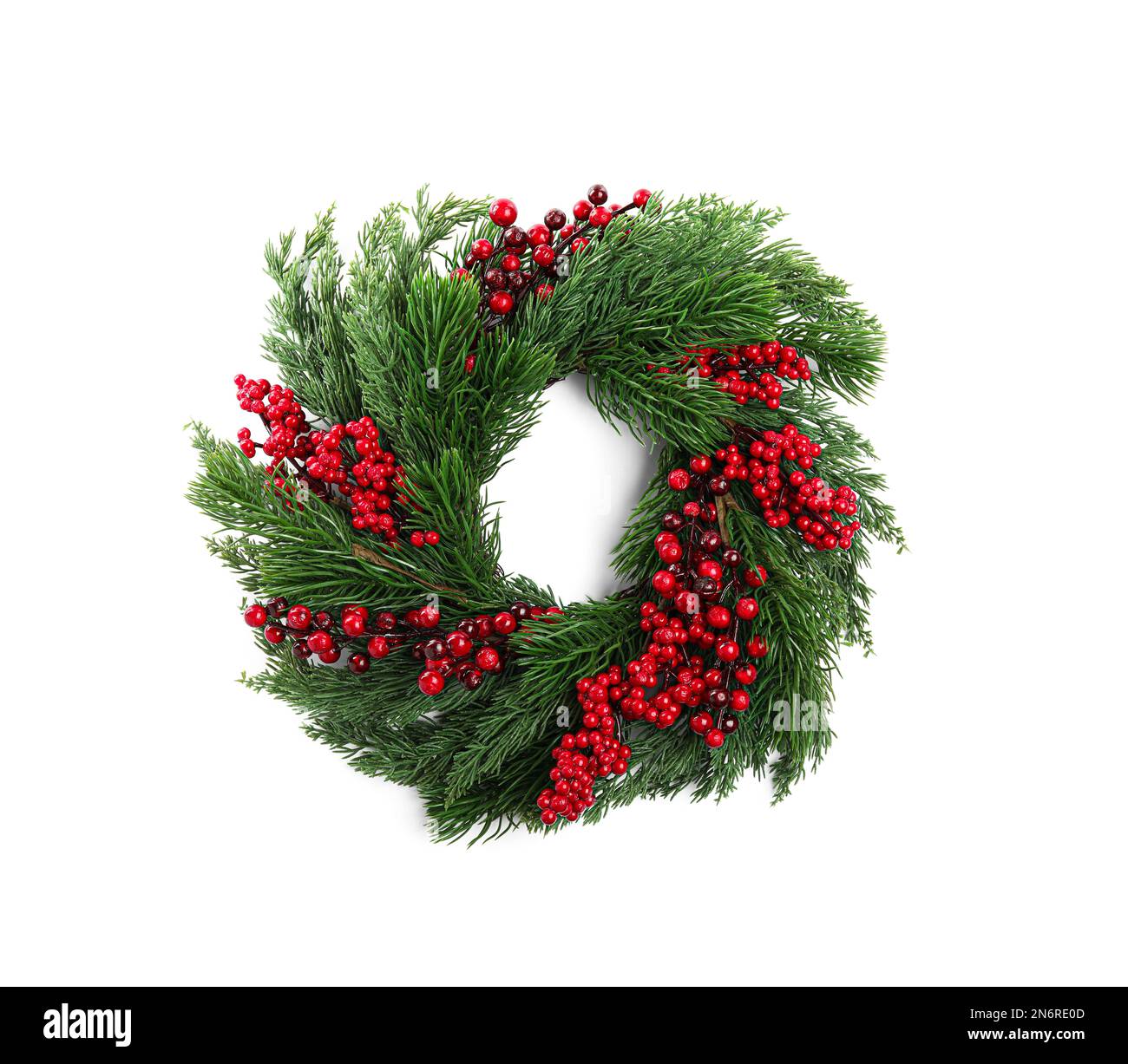 Beautiful Christmas wreath with red berries isolated on white, top view ...