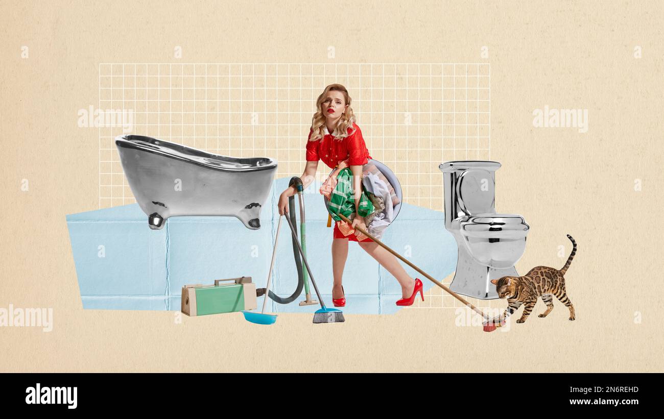 Contemporary art collage. Creative design. Beautiful stylish young girl ...