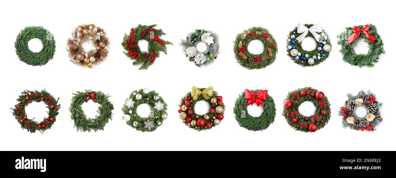 Set with beautiful Christmas wreaths on white background, banner design ...