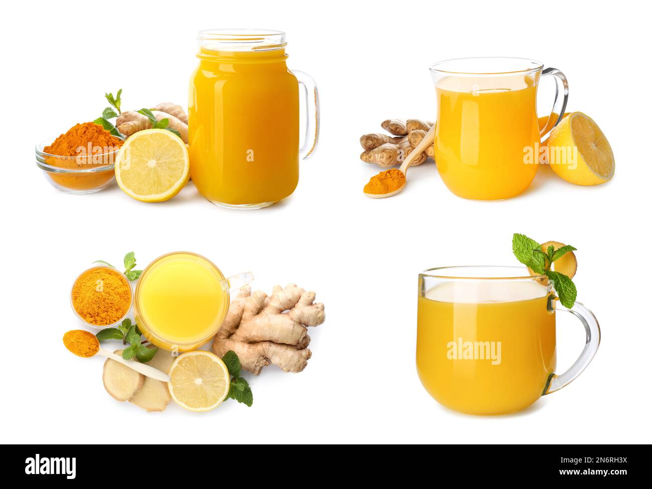 Set of immunity boosting drink with lemon, ginger and turmeric on white ...