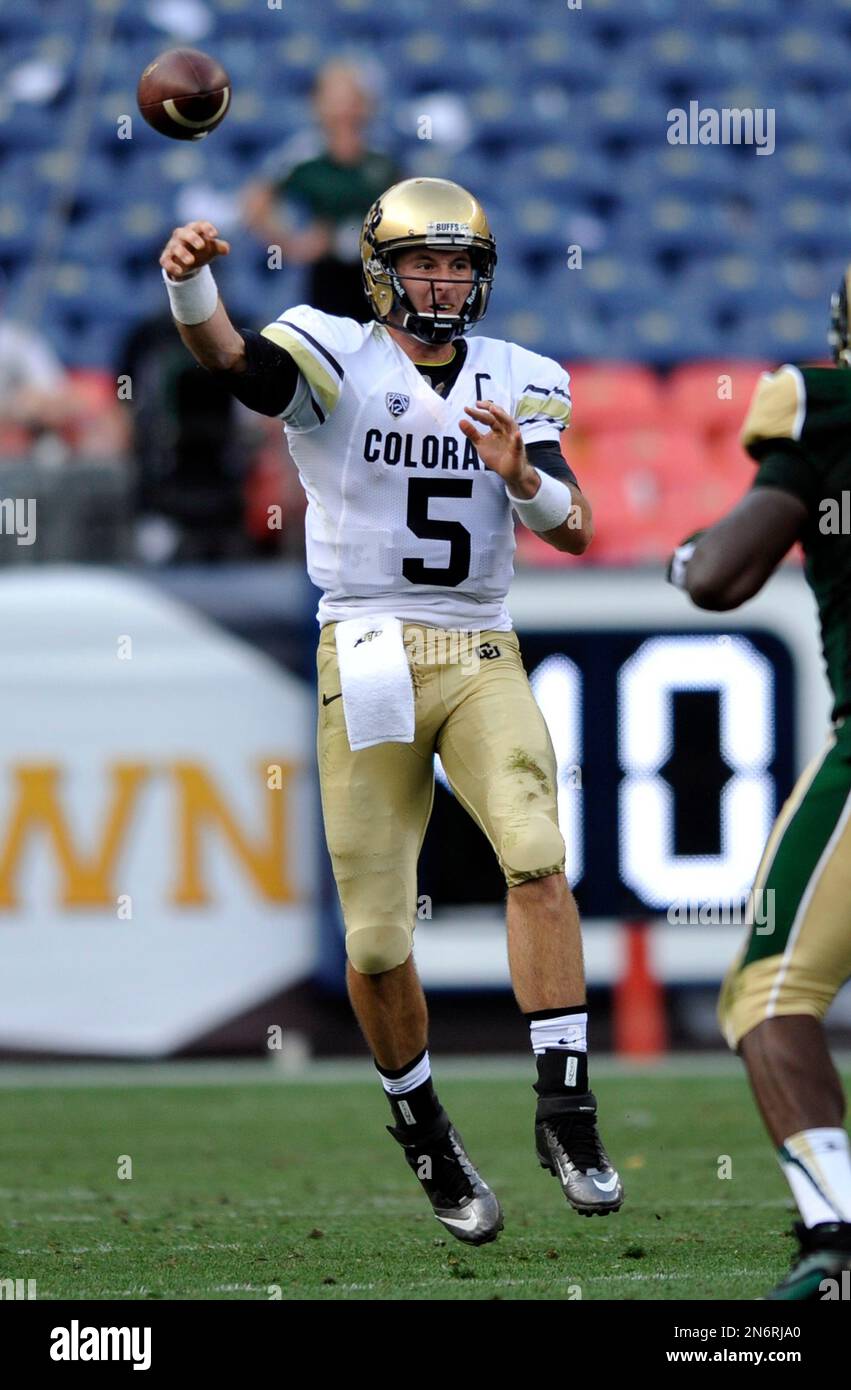 Colorado Buffaloes quarterback Connor Wood (5) throws against Colorado ...