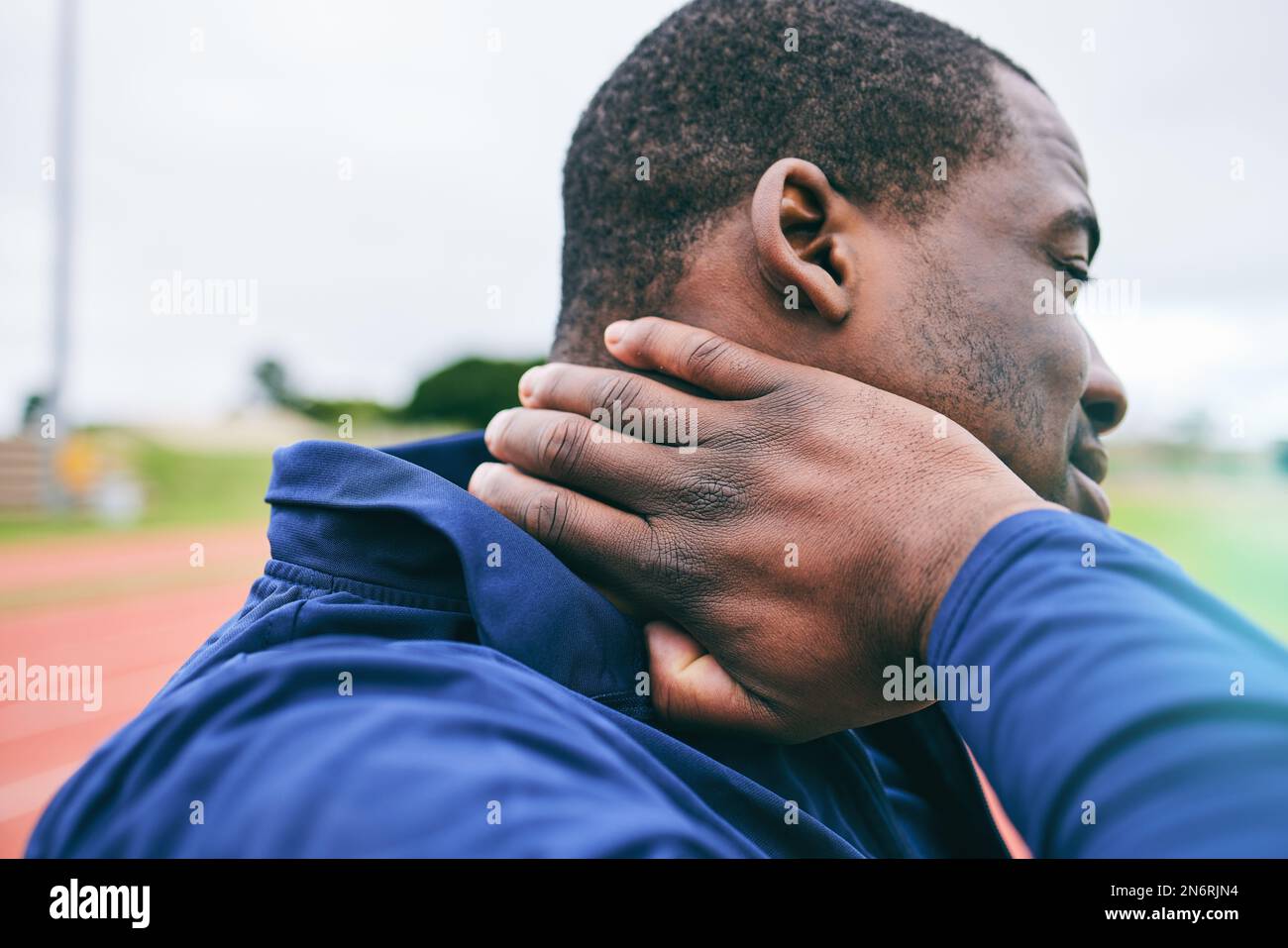 Black man, neck pain and injury after exercise, workout or training ...