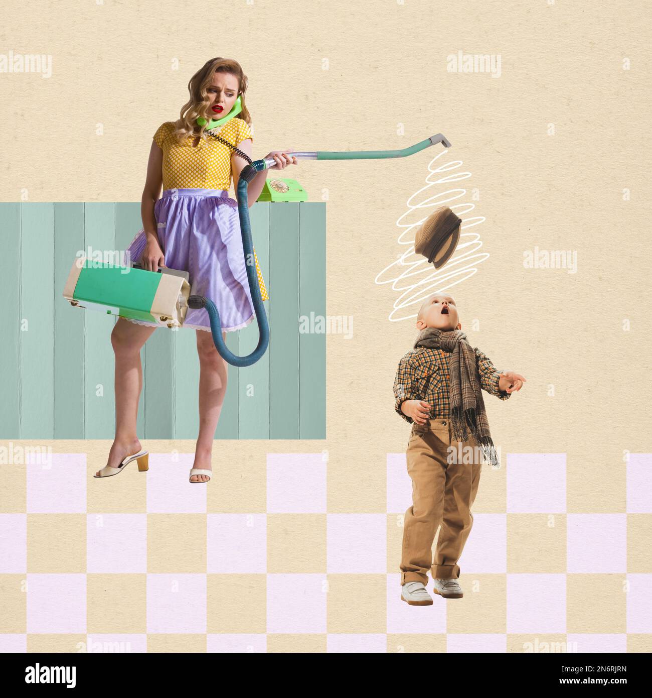 Contemporary art collage. Creative design. Beautiful woman talking on ...