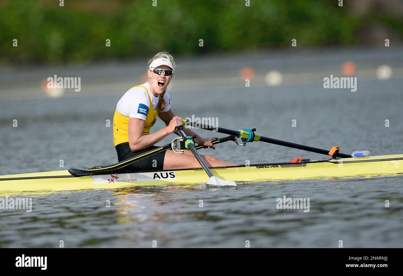 Kim Crow of Australia reacts after winning the women's single sculls ...