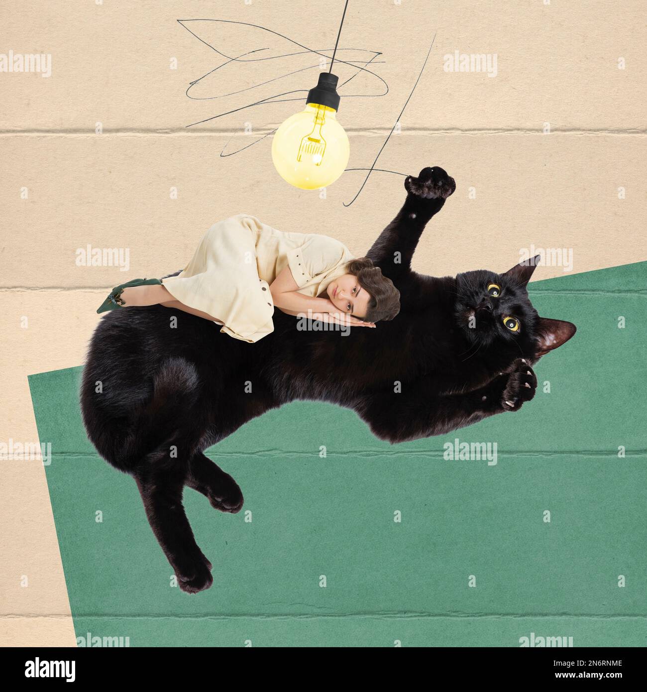 Contemporary art collage. Creative design. Sad desperate young woman lying on big black cat ...