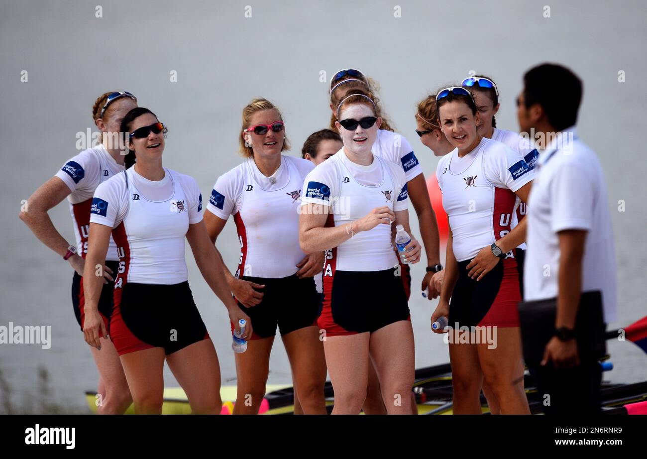 U.S. rowers wait for a medal ceremony as they won the women's eight ...