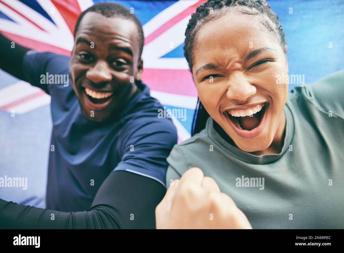 Fitness, celebration and British athlete or people winning in the UK ...