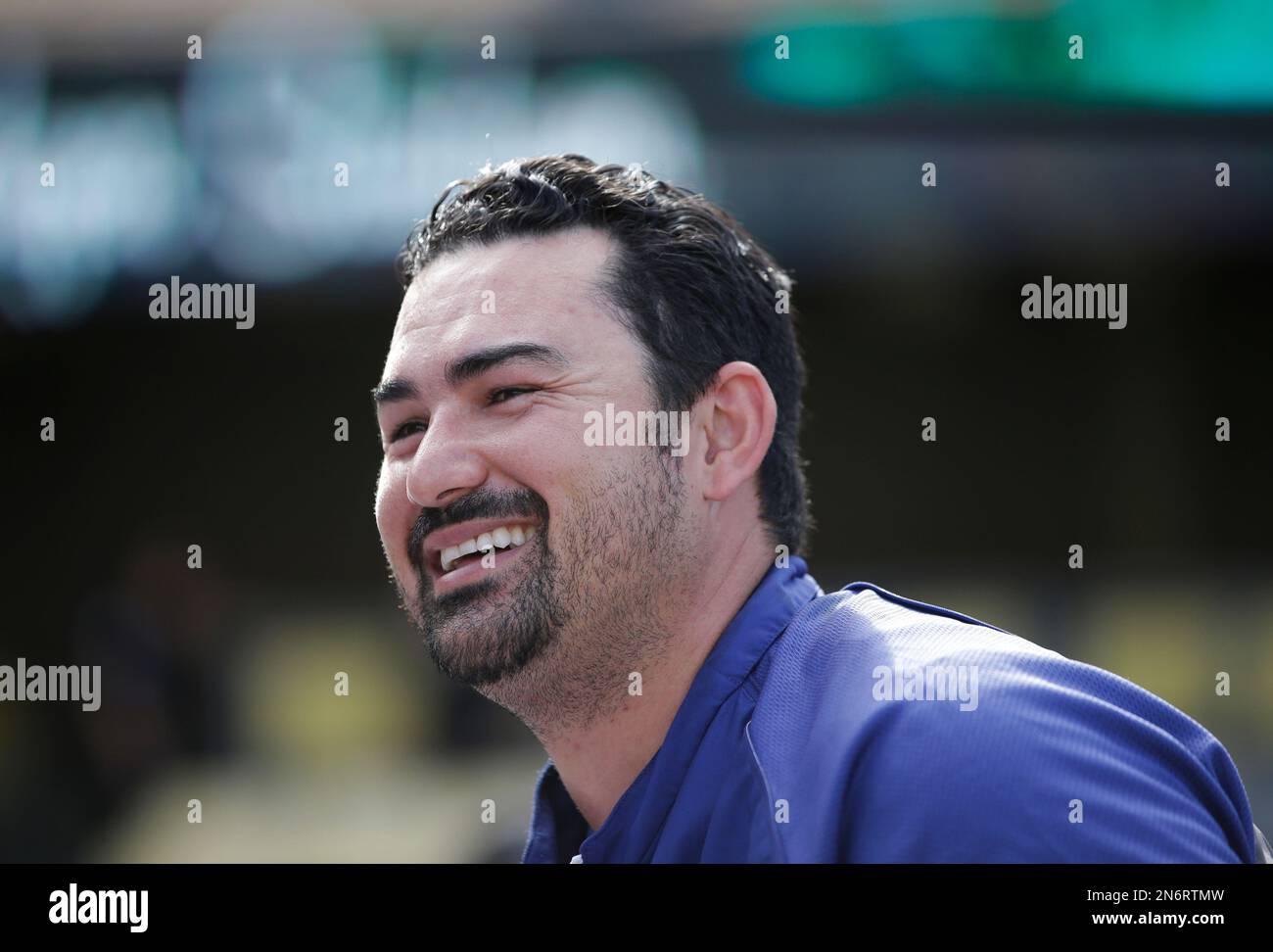 Los Angeles Dodgers' Adrian Gonzalez smiles during practice for a ...
