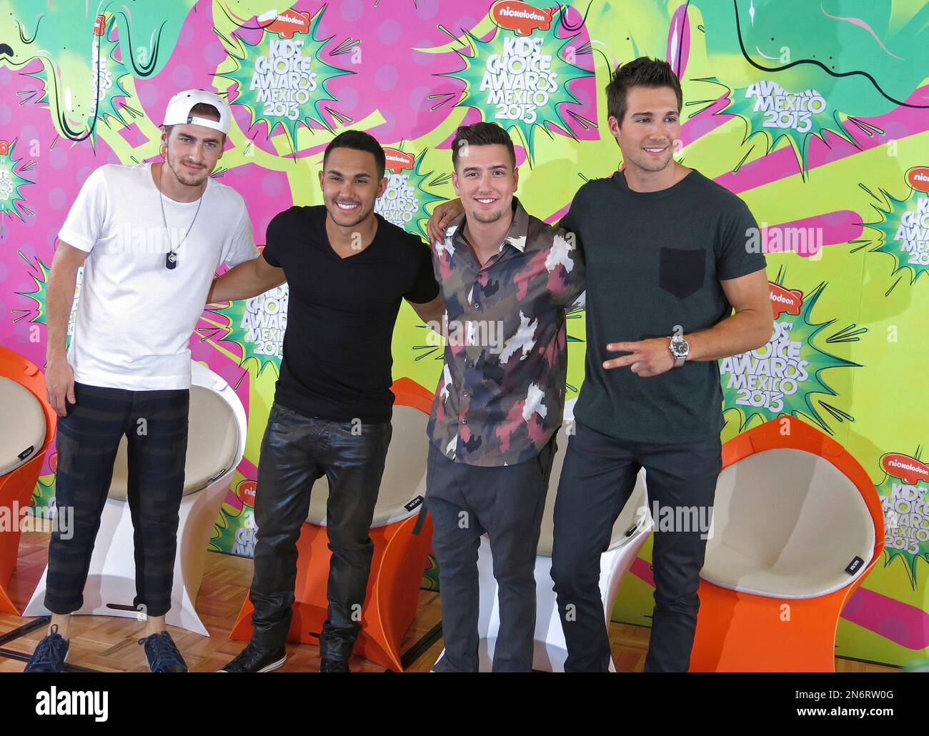 Members of the American boy band, Big Time Rush, from left to right ...