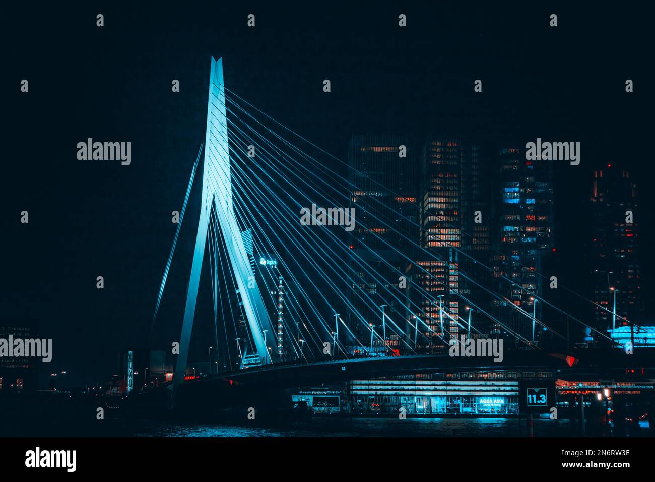 A scenic view of the illuminated blue Erasmusbrug bridge at night in ...