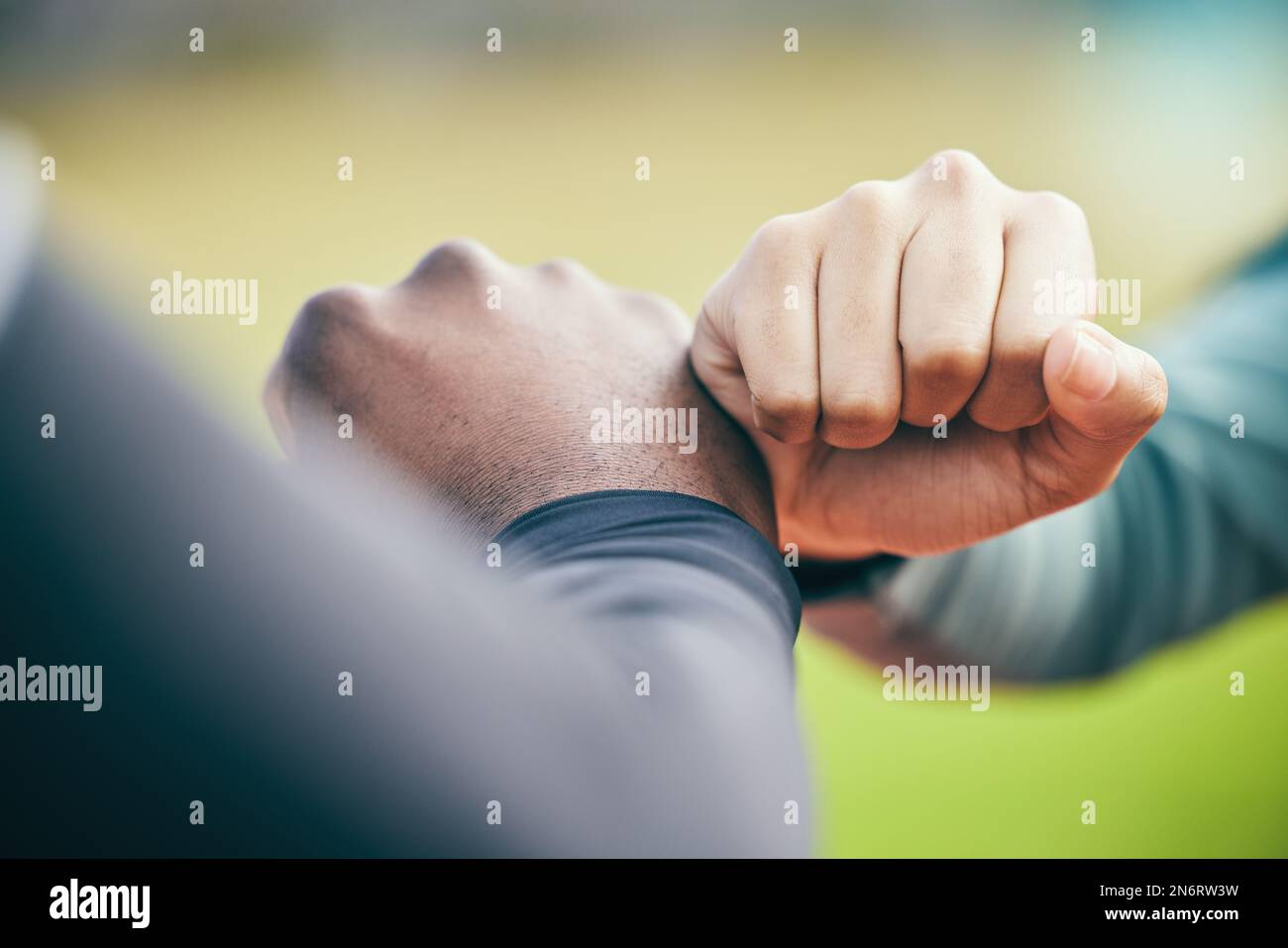 Hands, fist bump and sports teamwork for motivation, collaboration and success. Team building ...