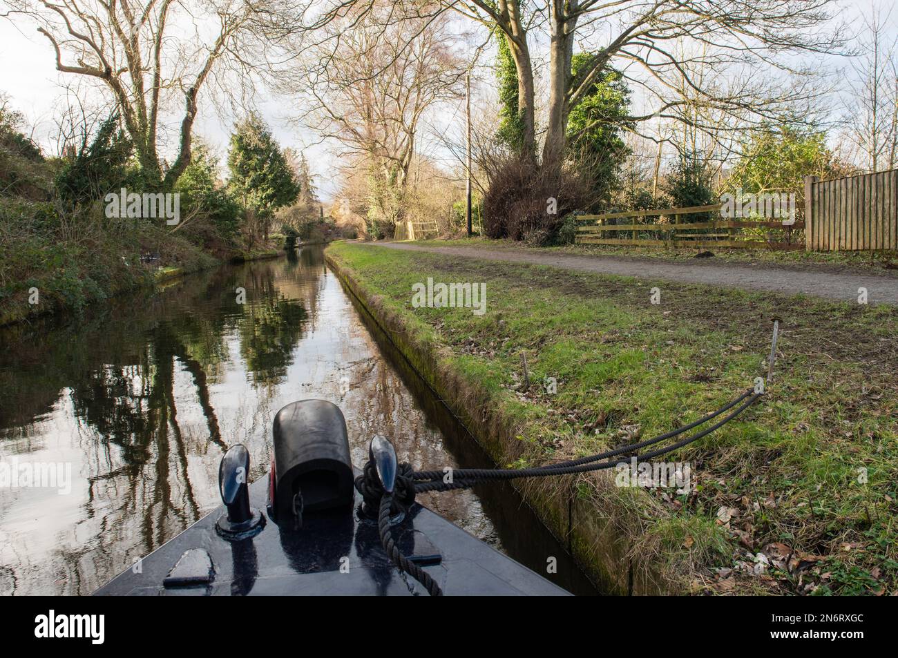 View from narrowboat bow of English rural countryside scenery on a ...