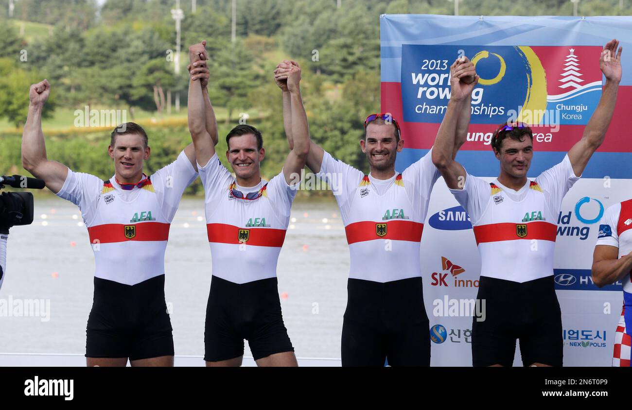 Winners for silver medal from Germany pose for the medal during medal ...